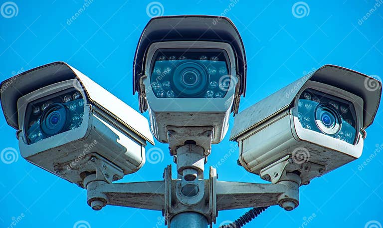 Three Security Cameras are Mounted on a Pole, One of Which is Facing ...