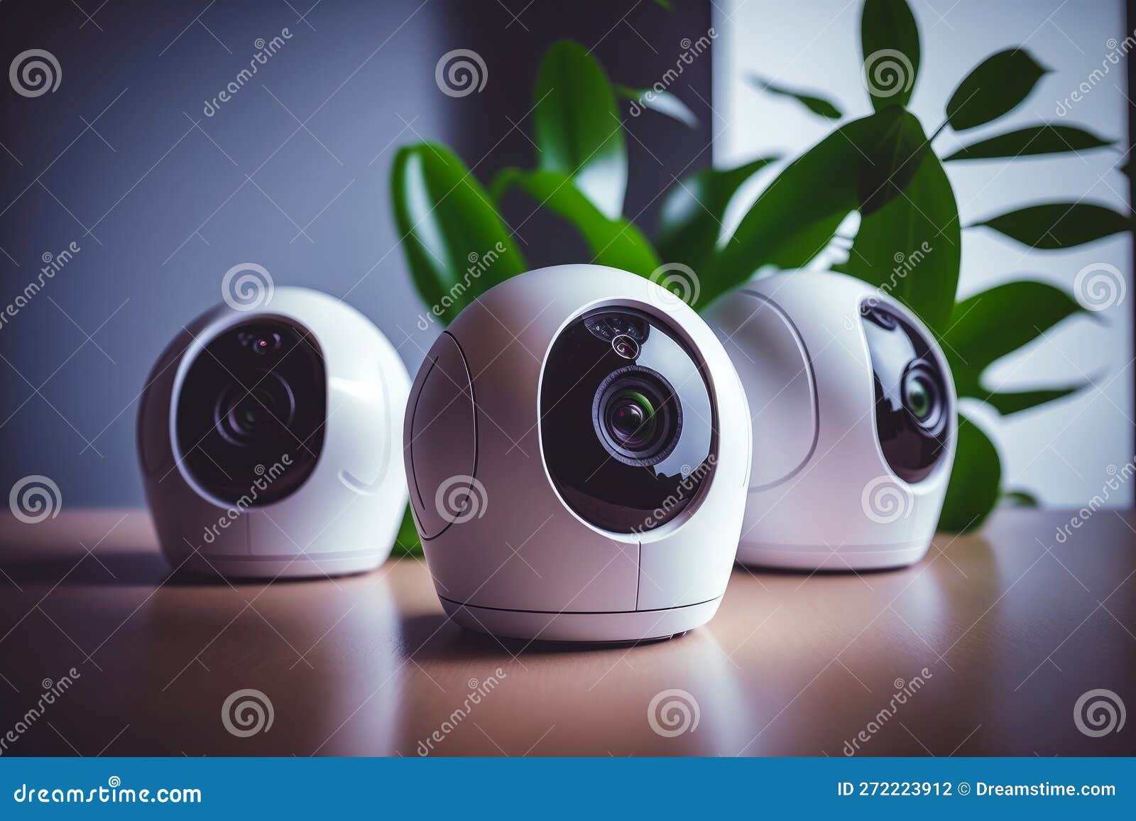 Three Security Cameras Sitting on Table in Front of Plant. Generative ...