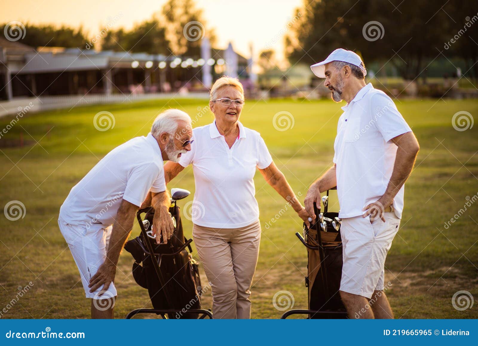 Seniors Golfers Talking on Golf Field Stock Image - Image of hobbies ...