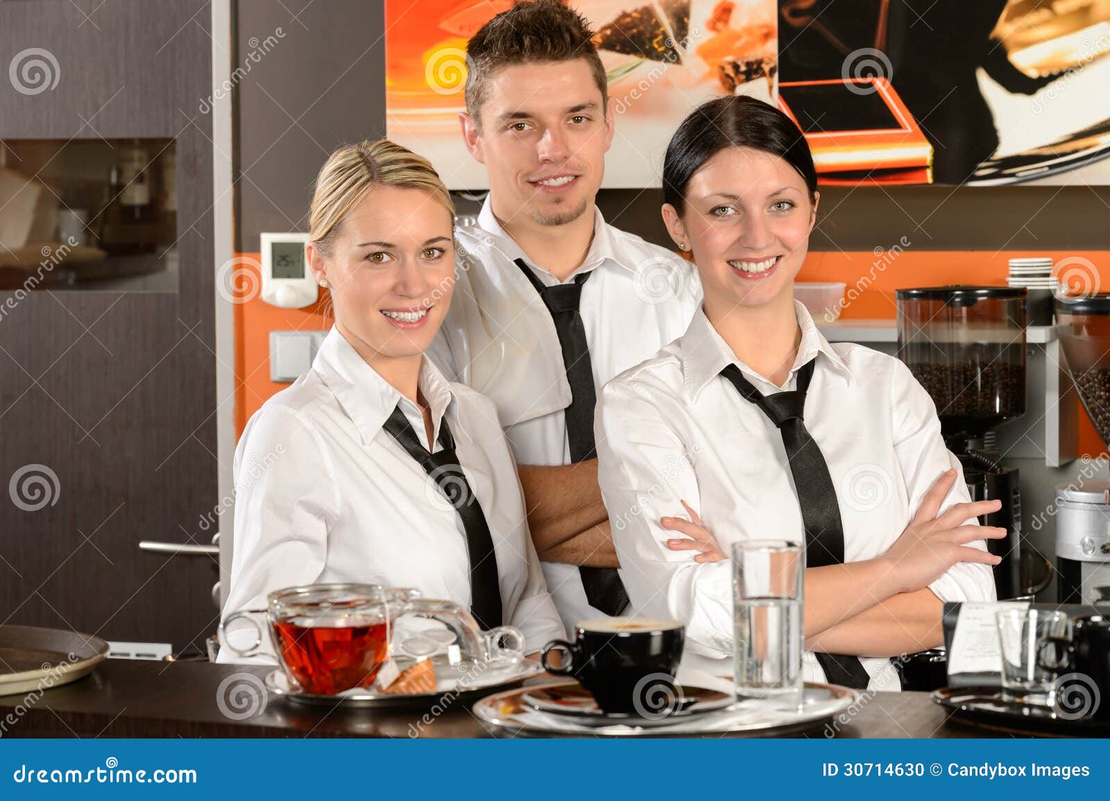 Three Server Posing in Uniform in Cafe Stock Photo - Image of server ...