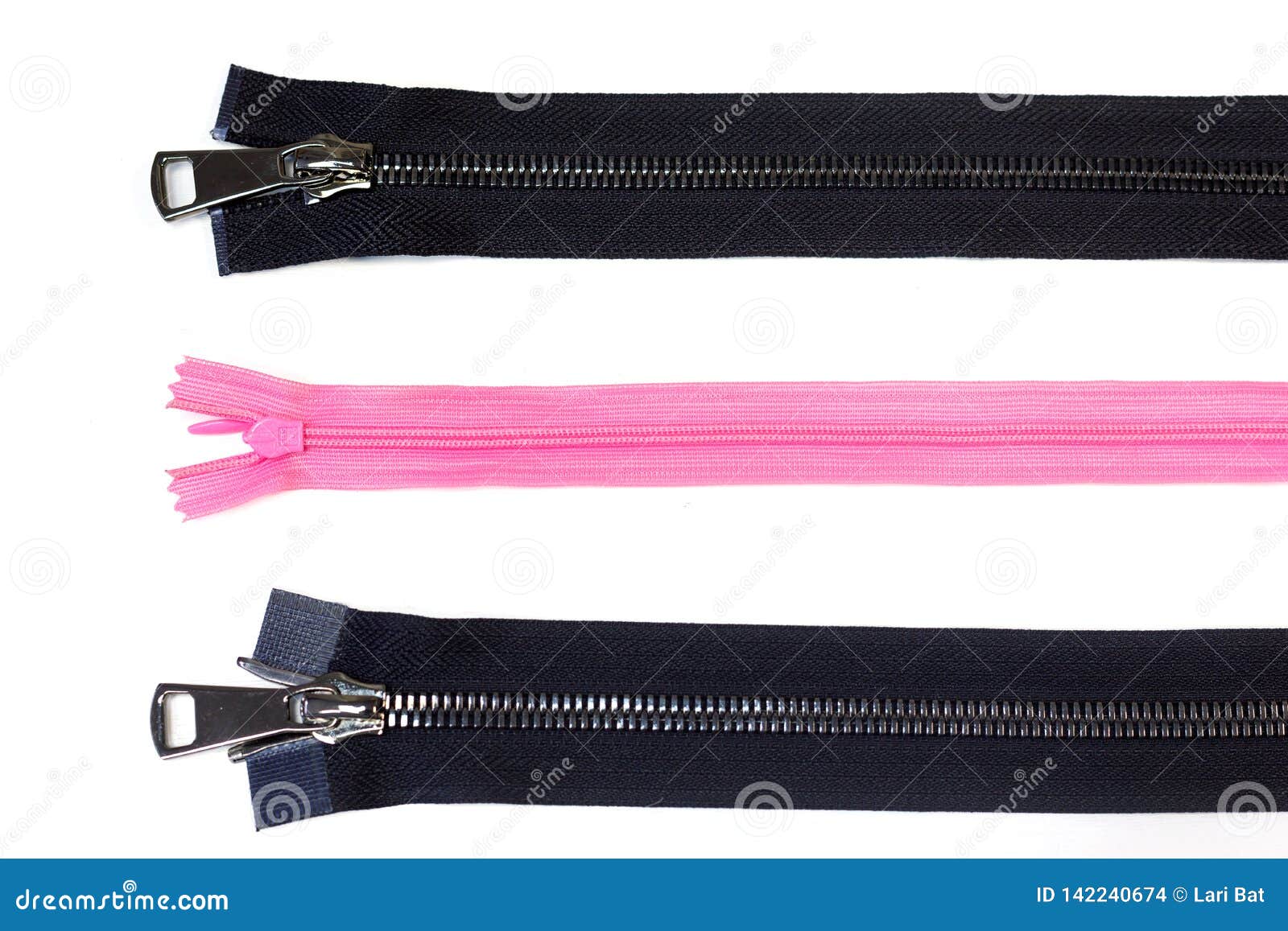 Three Sewing Zippers, Two Black and One Pink Stock Photo - Image of ...