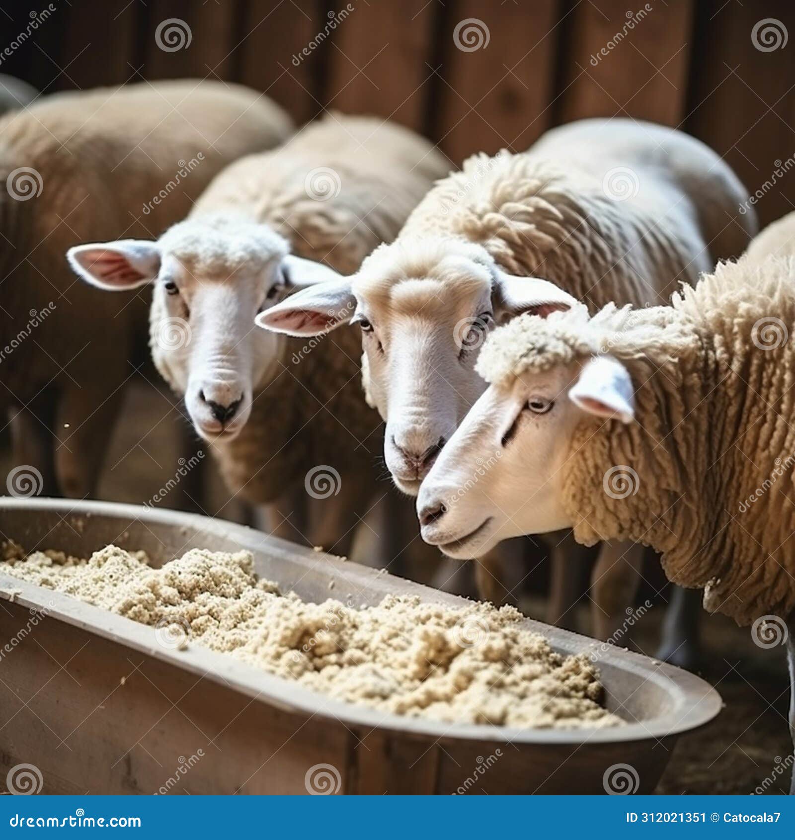 Three Sheep are Seen Side by Side, Enjoying Their Feed from Long Trough ...