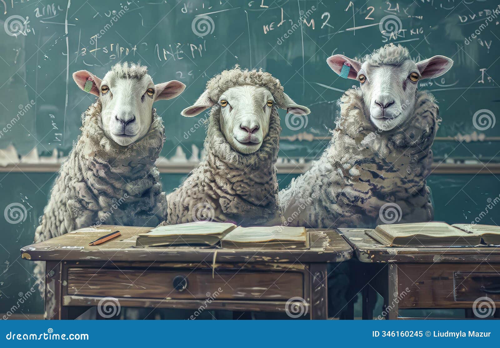 Three Sheep are Sitting at a Desk with Books in Front of Them Stock ...
