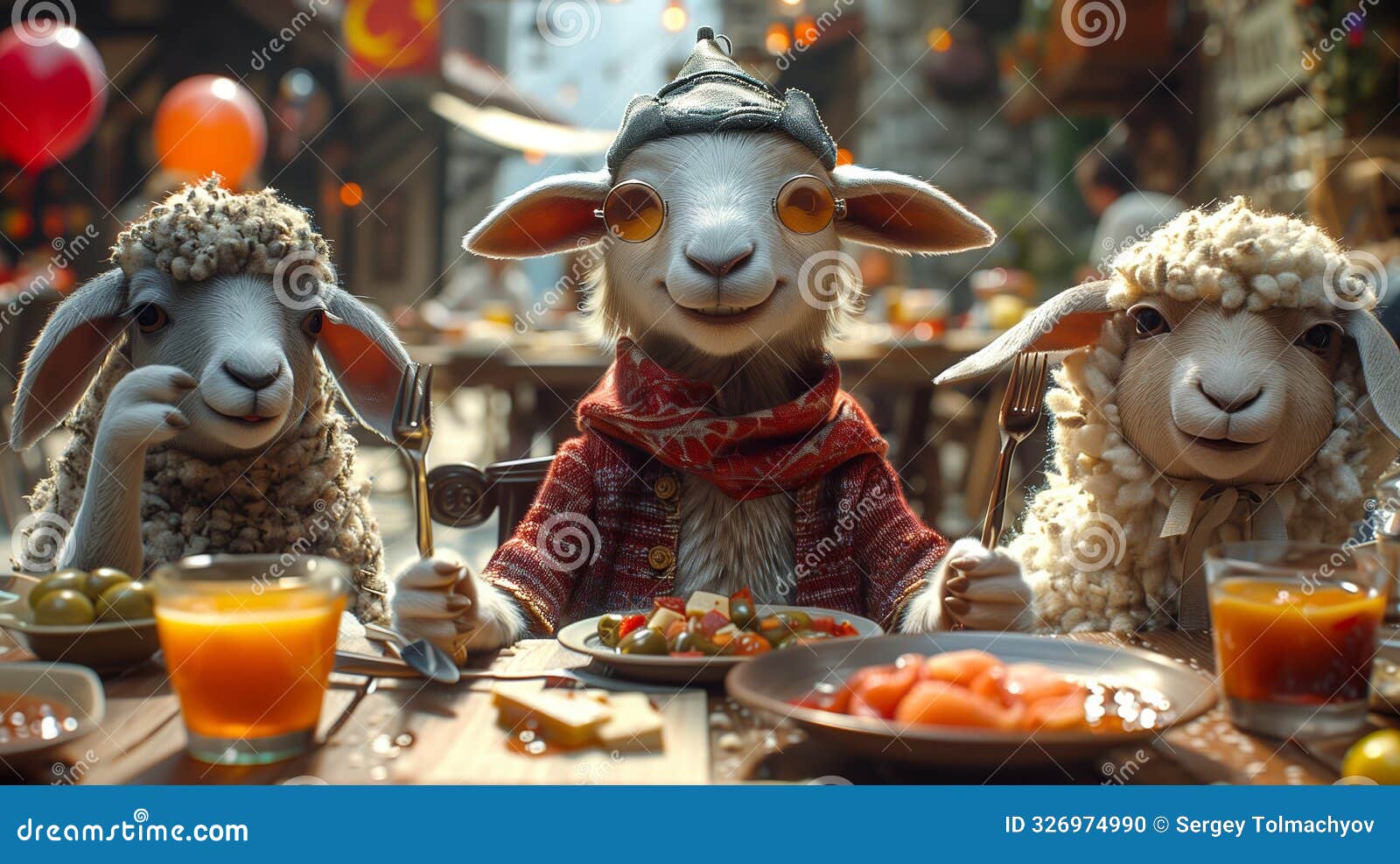 Three Sheep Enjoying a Meal at an Outdoor Restaurant Stock Photo ...