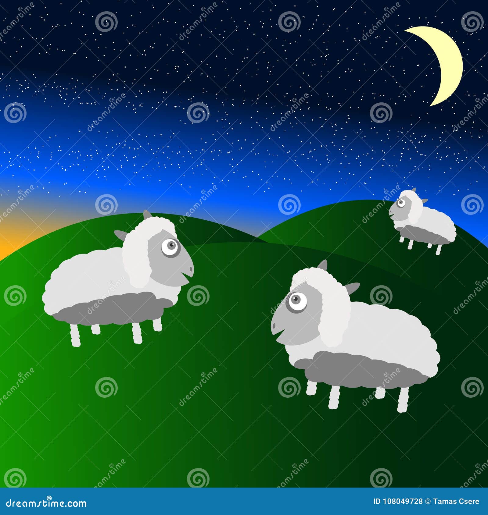 Three Sheep Stand on Field and Hill with Sunset at Night Stock Vector ...