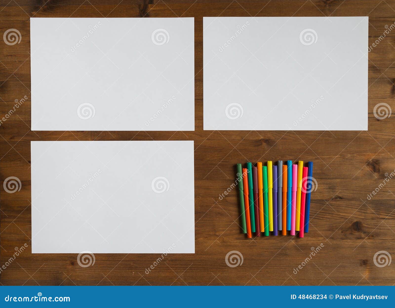 Three Sheet of Paper and Colored Markers Stock Photo - Image of torn ...