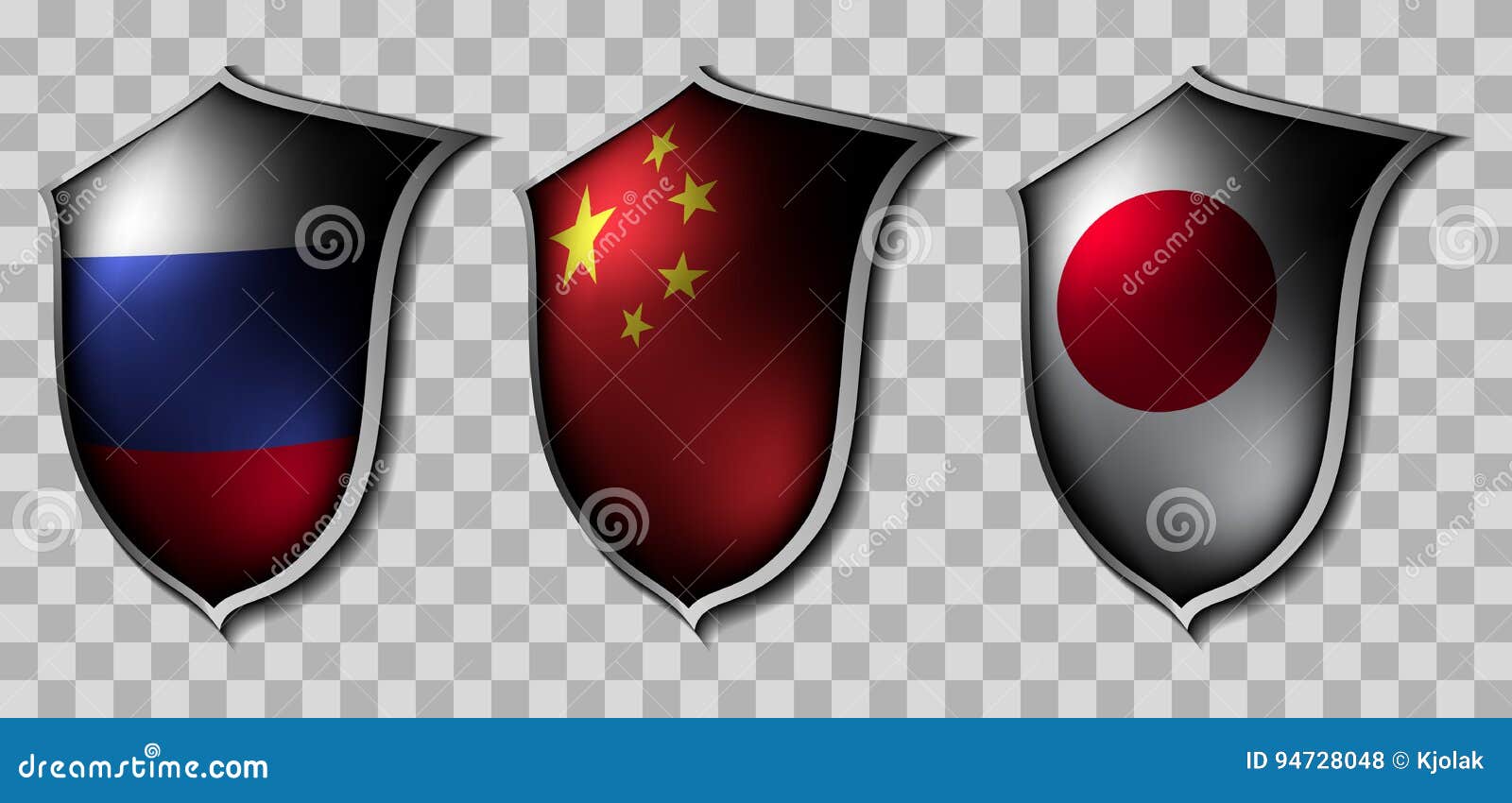 Three shields with flags stock vector. Illustration of power - 94728048