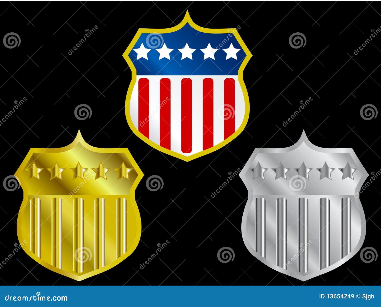 Three shields with US flag stock vector. Illustration of honor - 13654249