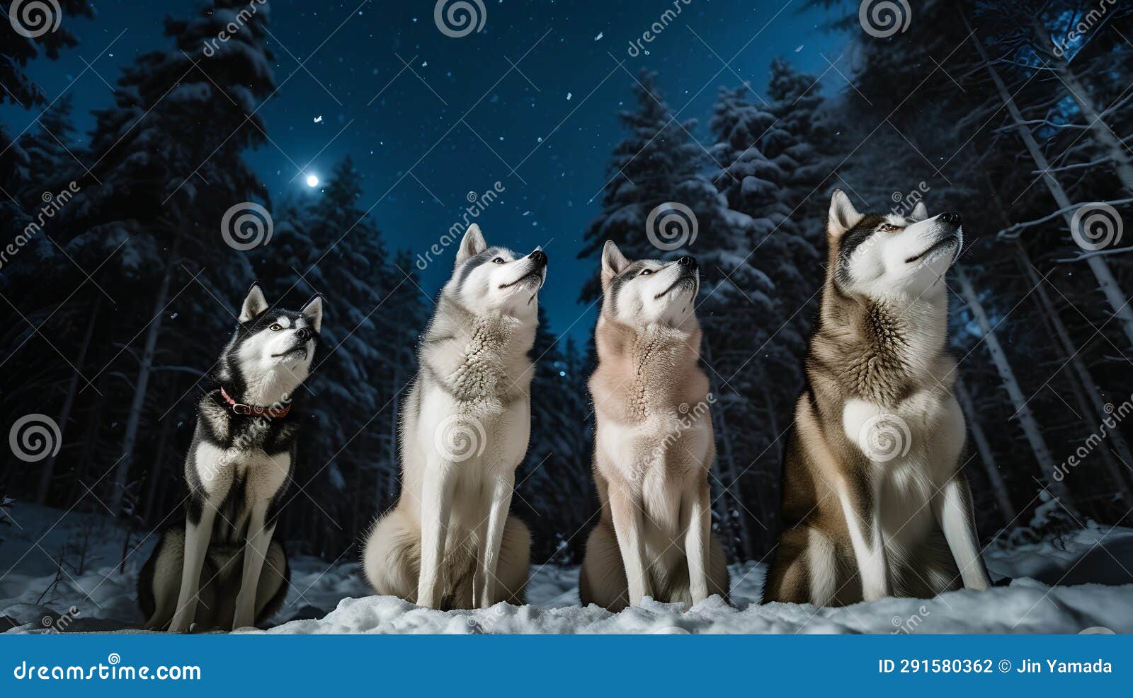 Three Siberian Husky Dogs in Winter Forest at Night with Moon. Stock ...