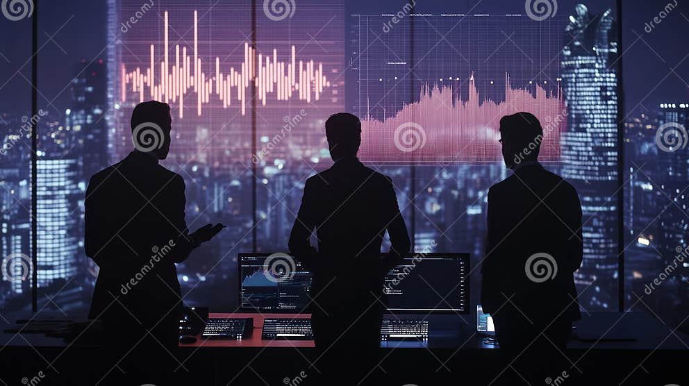 Three Silhouetted Figures Observe Data Visualizations in a Modern ...