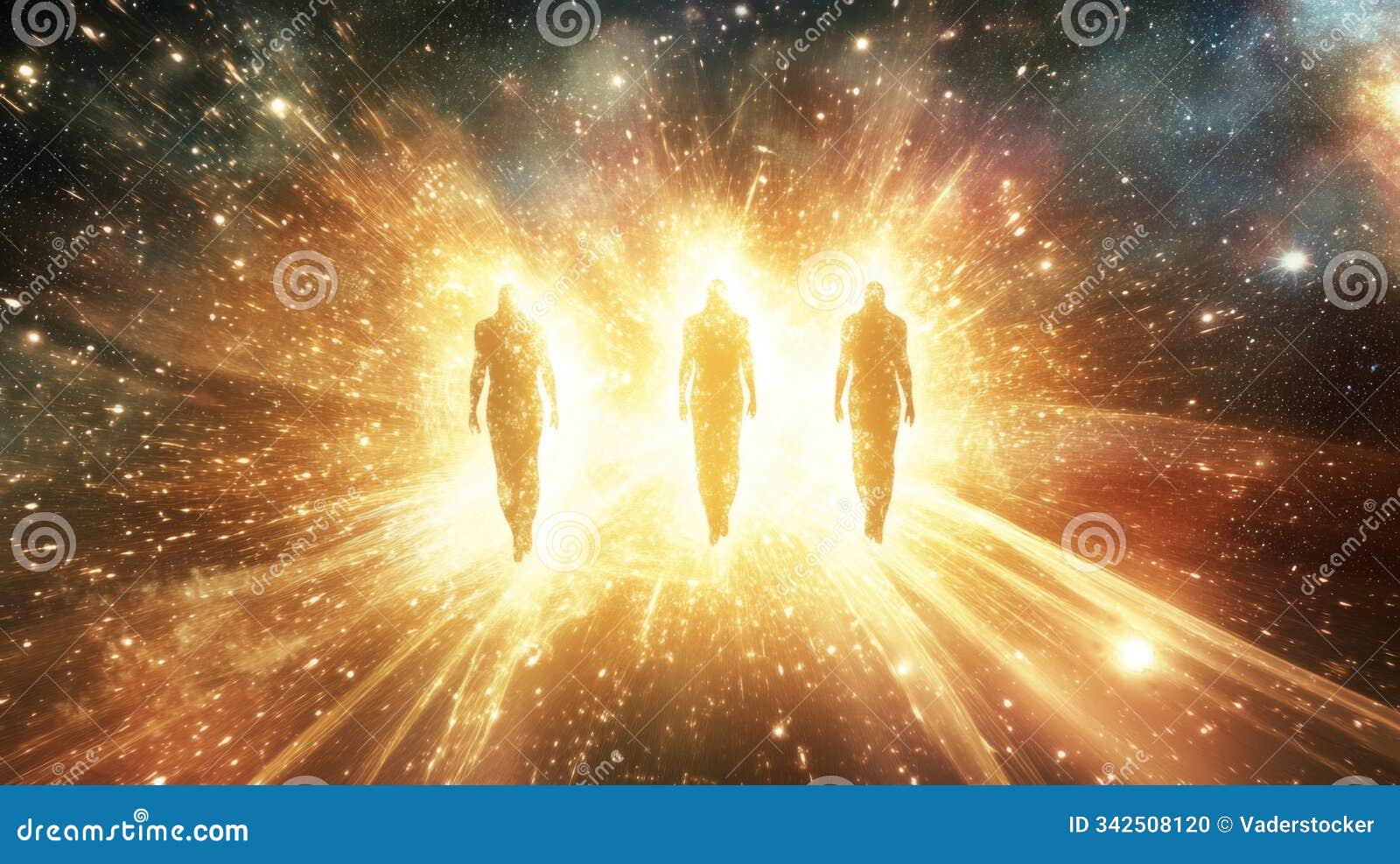 Three Silhouettes Walking through a Cosmic Explosion Stock Illustration ...