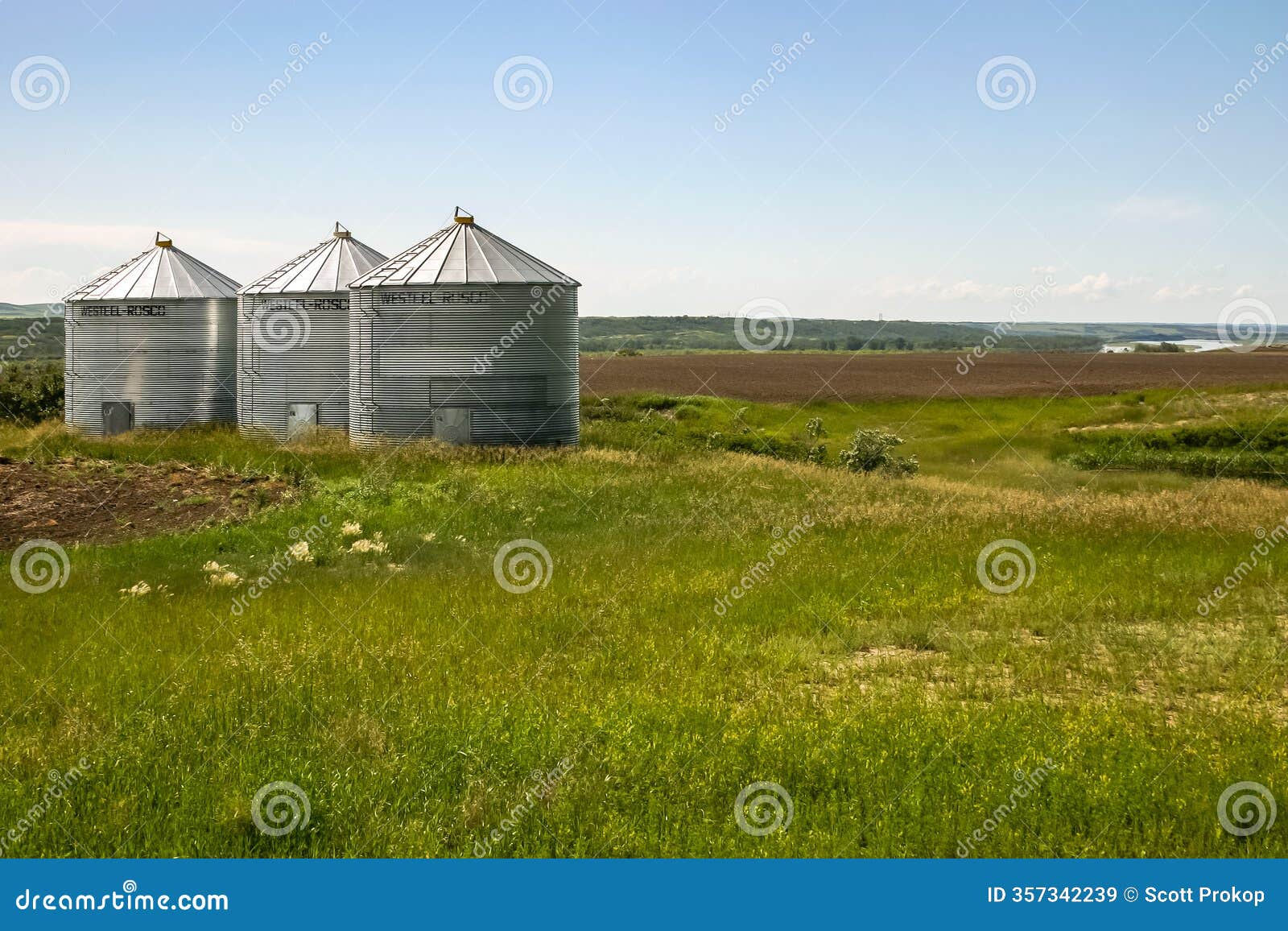 Three Silos are in a Field with a Clear Blue Sky Stock Image - Image of ...