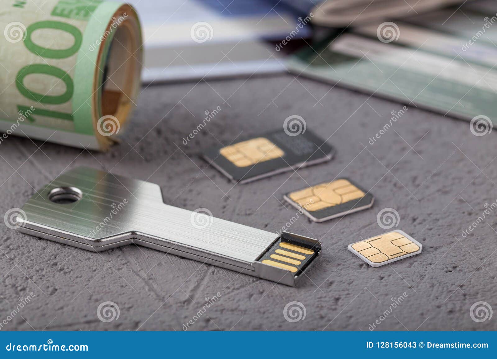 Three SIM Cards of Different Sizes Lie on a Rough Surface. Close-up ...