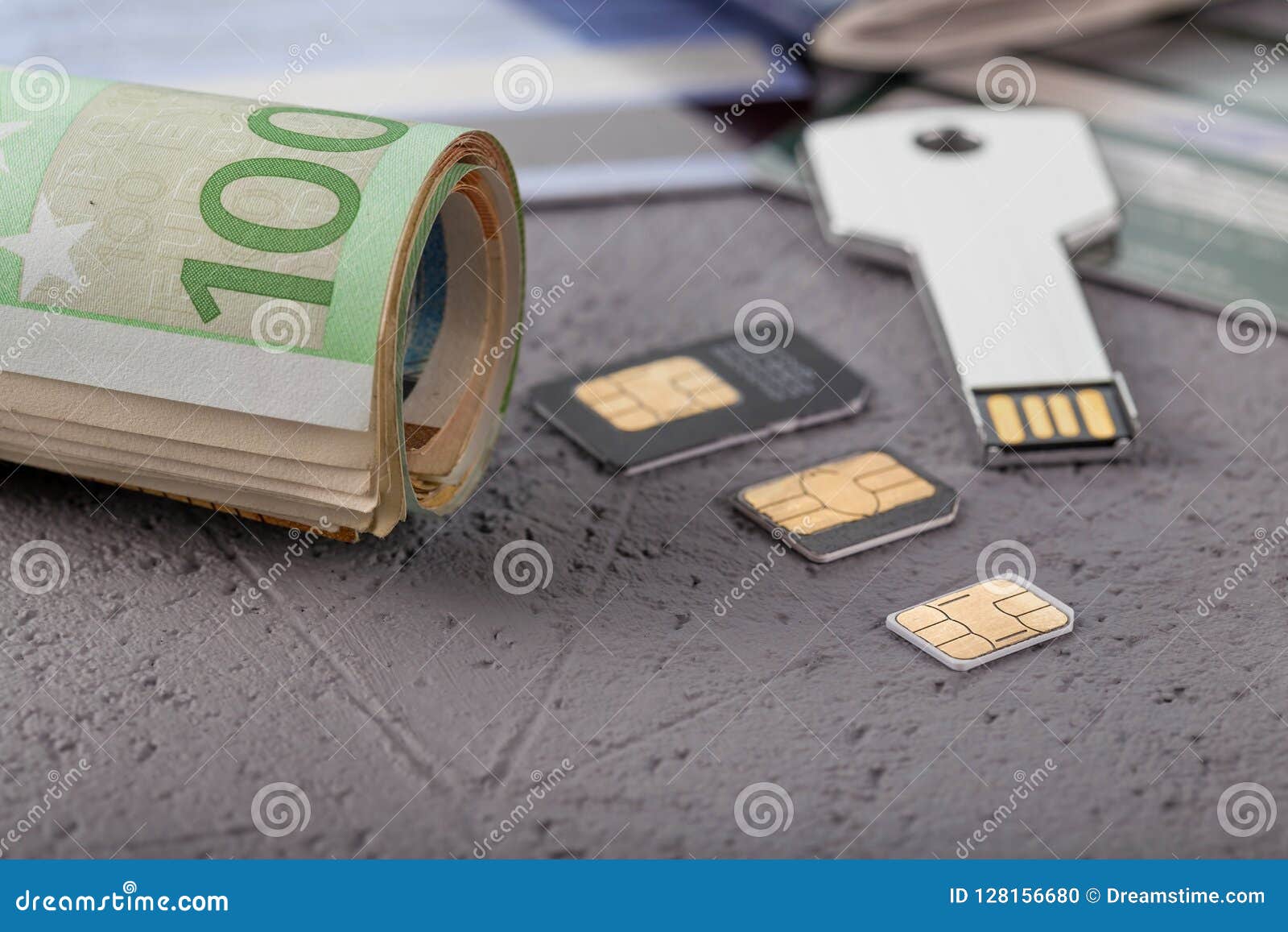 Three SIM Cards of Different Sizes Lie on a Rough Surface. Close-up ...