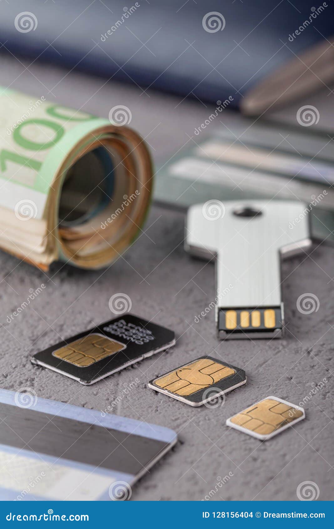 Three SIM Cards of Different Sizes Lie on a Rough Surface. Close-up ...
