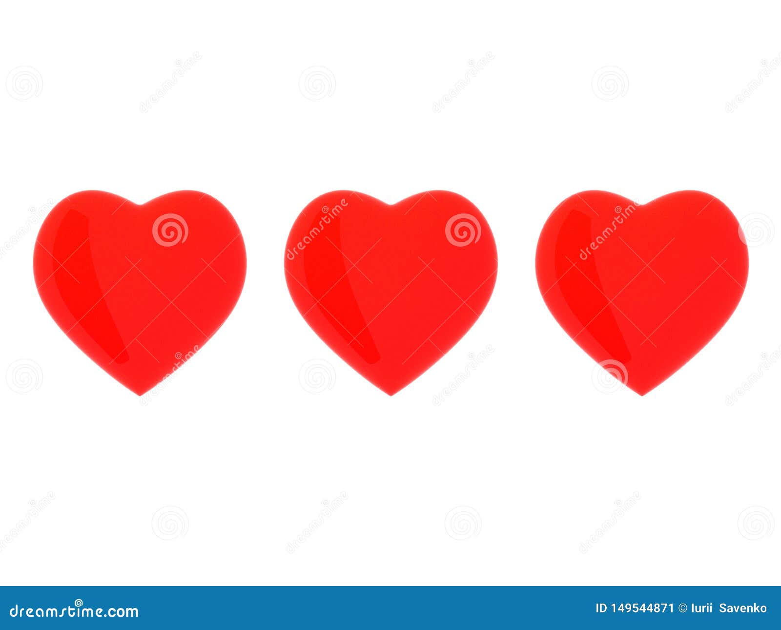 Three Simple Glossy Hearts Isolated on White Background. 3d ...