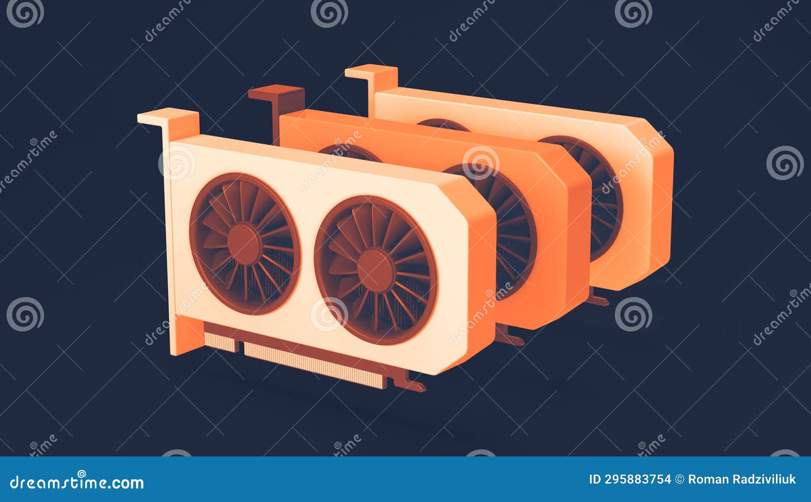 Three Simple Orange Dual Fan Graphics Card GPU on a Dark Blue ...