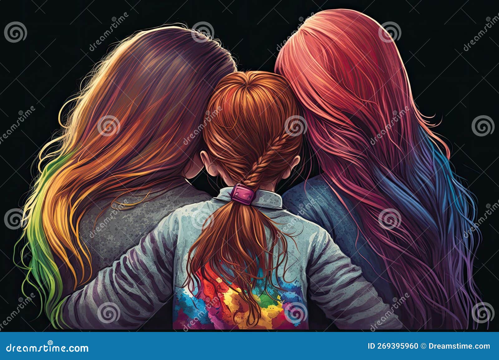 Three Sisters with Rainbow Hair are Hugging, Rear View. Generative AI ...