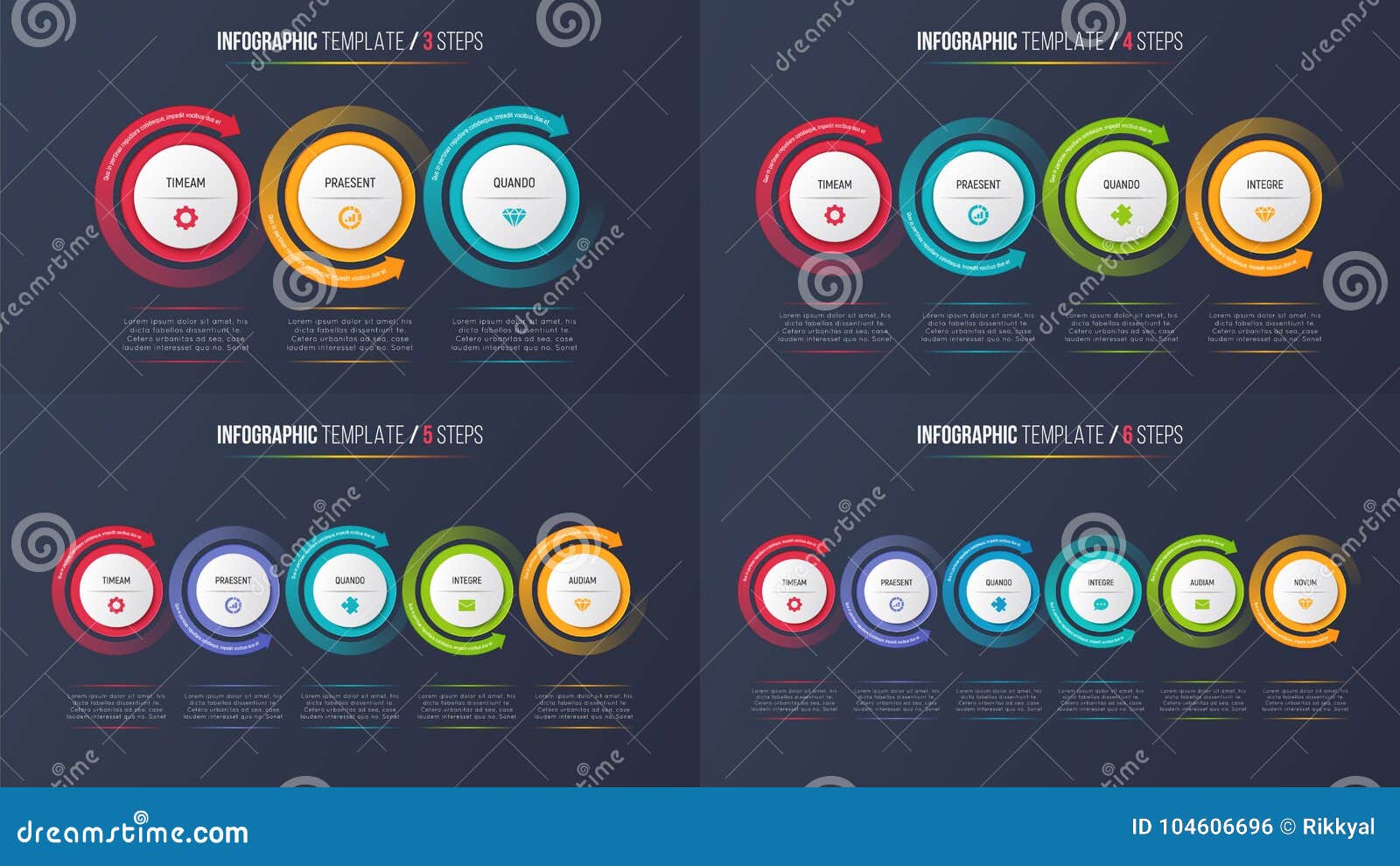 Three-six Steps Infographic Process Charts With Circular Arrows. Vector ...