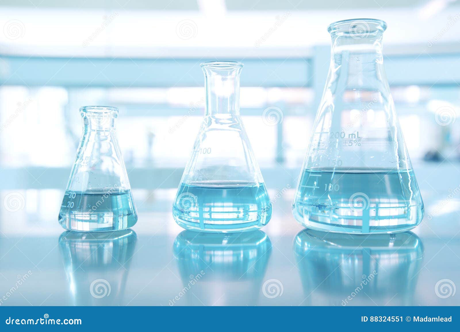 Three Size of Blue Glass Flask in Science Laboratory Stock Image ...