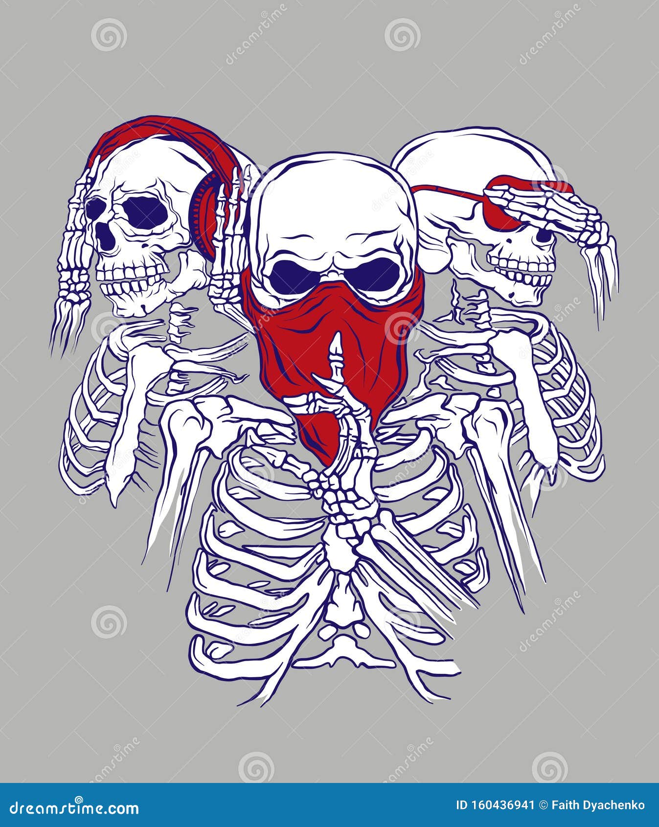 Three Skeletons Pose As Three Wise Monkey. Cartoon Vector ...
