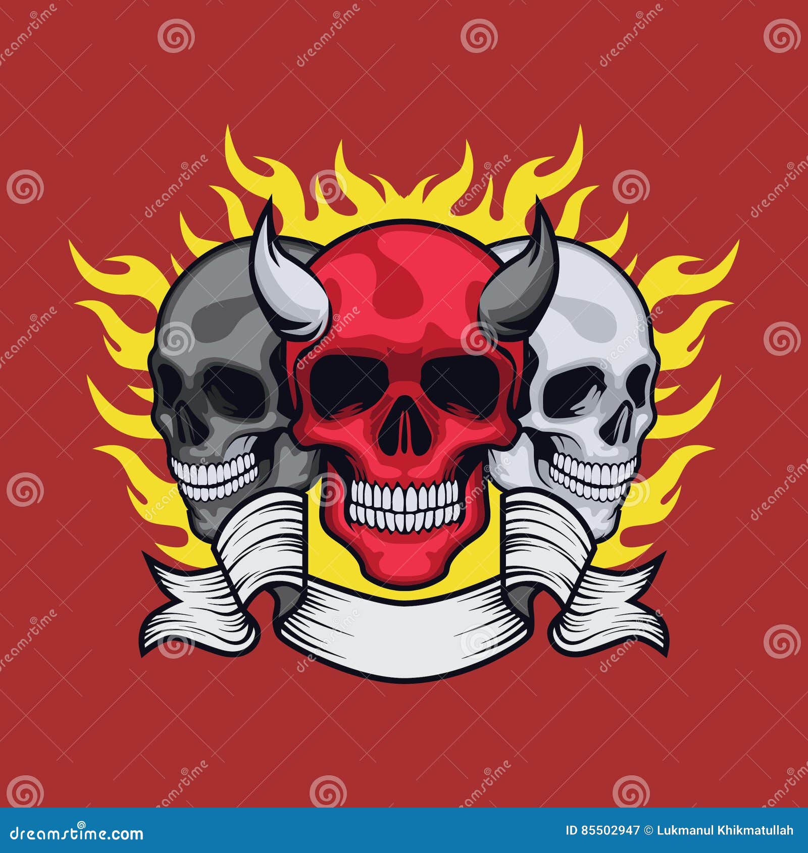 Three skull head stock vector. Illustration of fire, symbol - 85502947