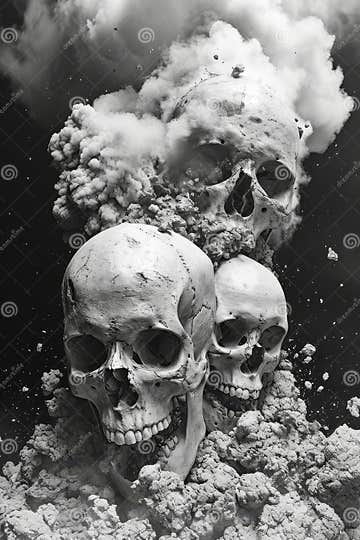 Three Skulls are Shown in Exploded View with Bone and Dust Particles ...