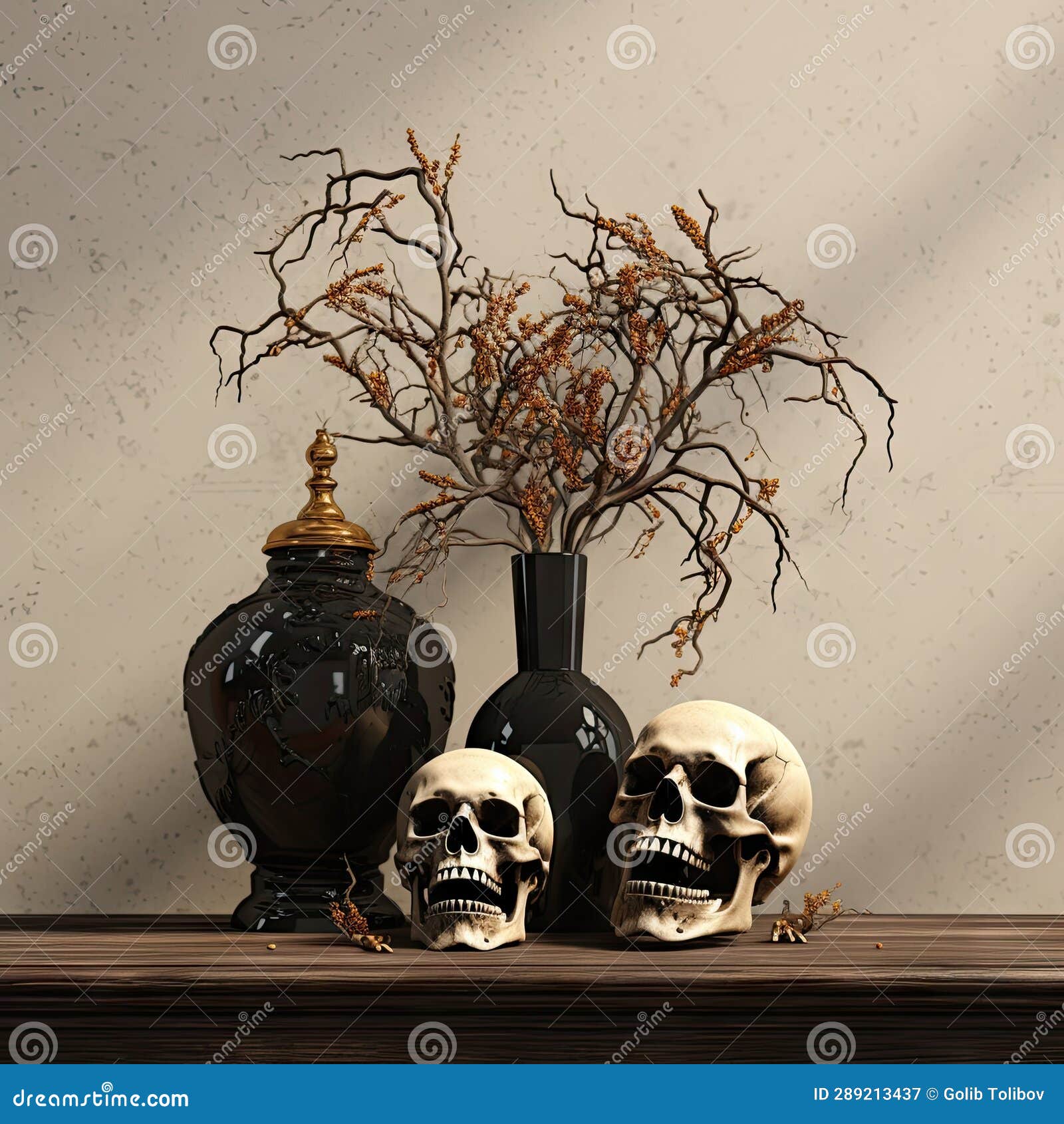 Three Skulls Sitting Next To a Black Vase Stock Image - Image of winter ...