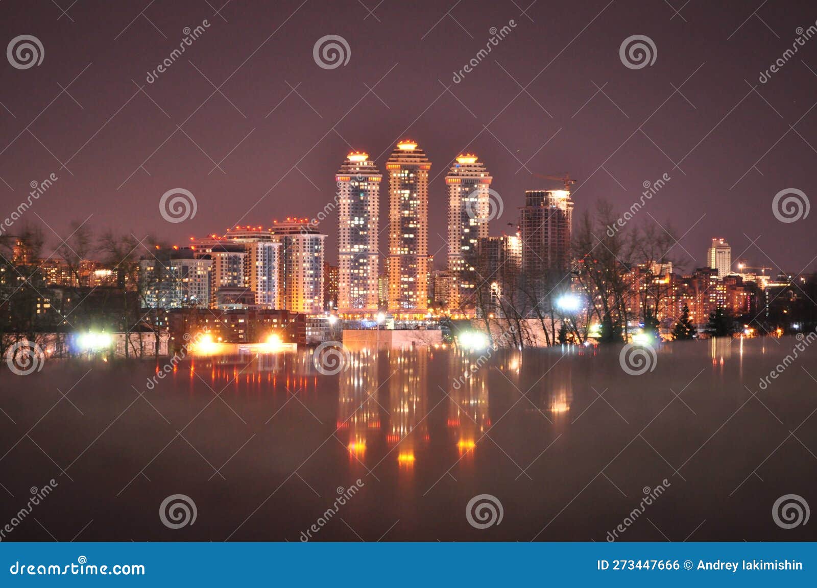 Three Skyscrapers at Night and Reflection Stock Photo - Image of ...