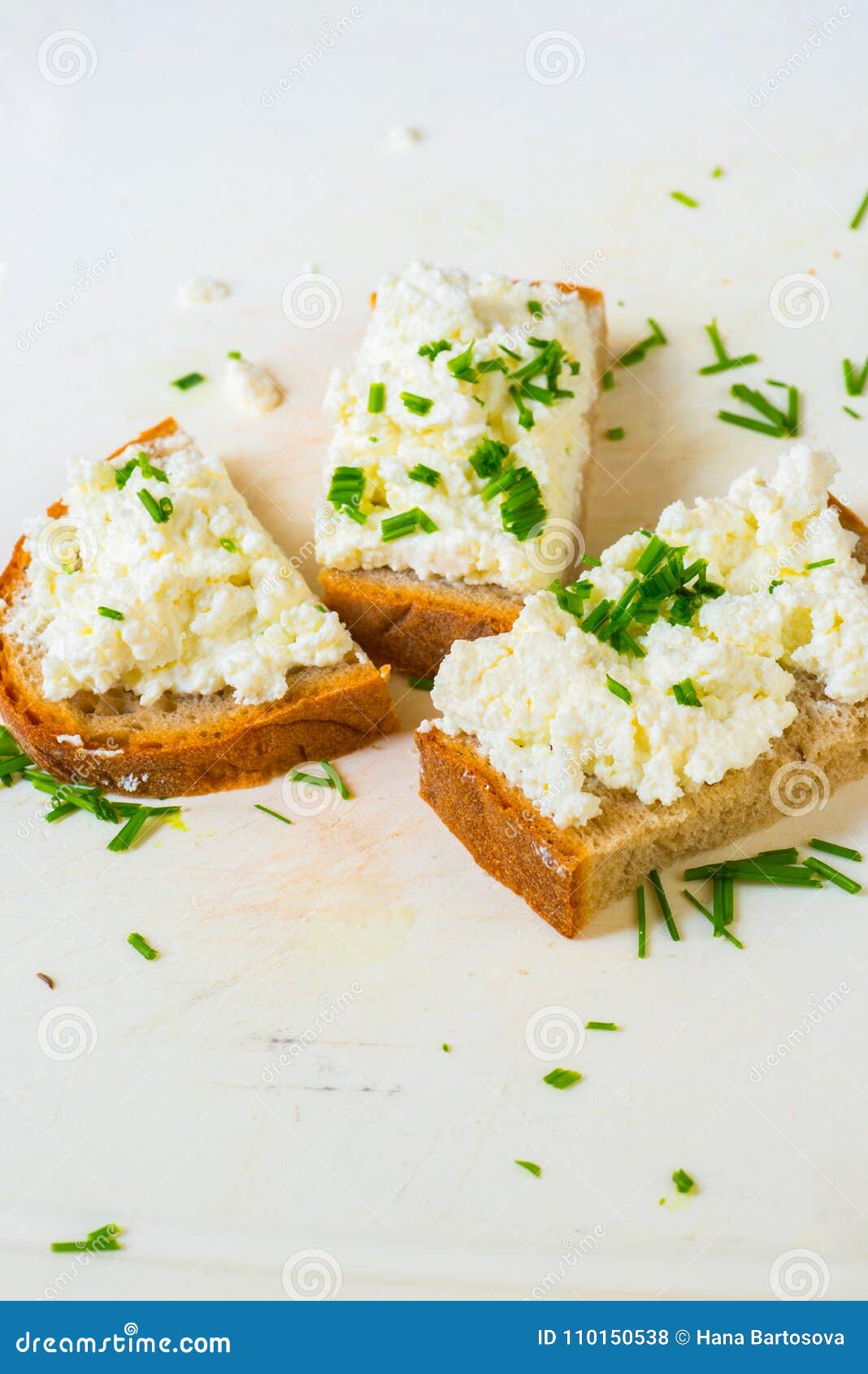 Three Slices Bread with Fresh Curd and Chive. Stock Photo - Image of ...