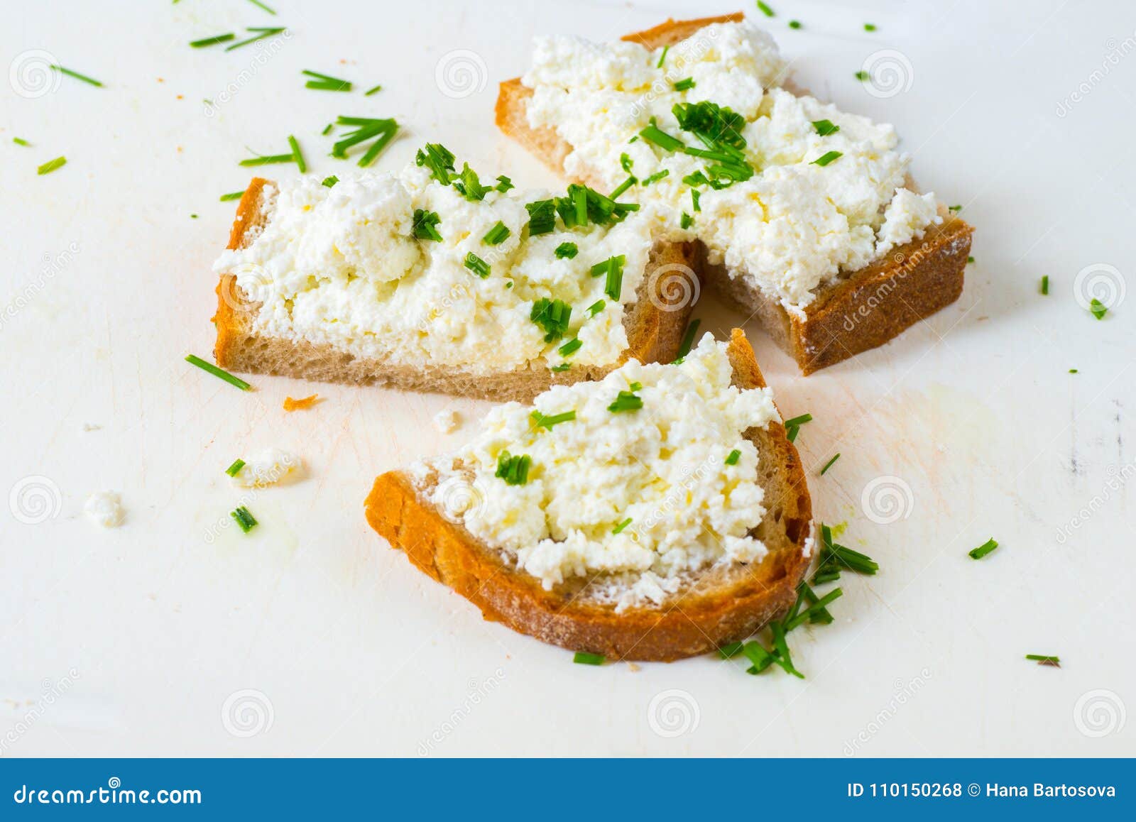 3 Slices Bread with Cheese Curd and Chive. Stock Photo - Image of ...