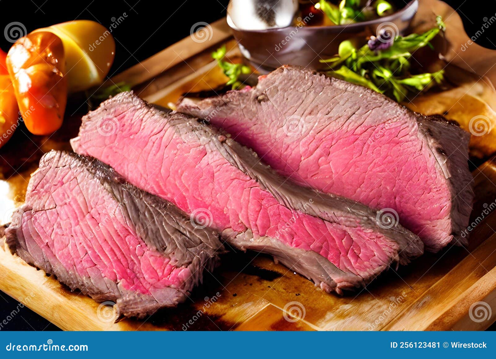 Slices of Medium Rare Roast Beef on Wooden Board Stock Image - Image of ...