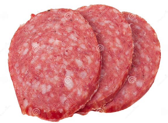 Three Slices Salamy on White Background Stock Image - Image of isolated ...