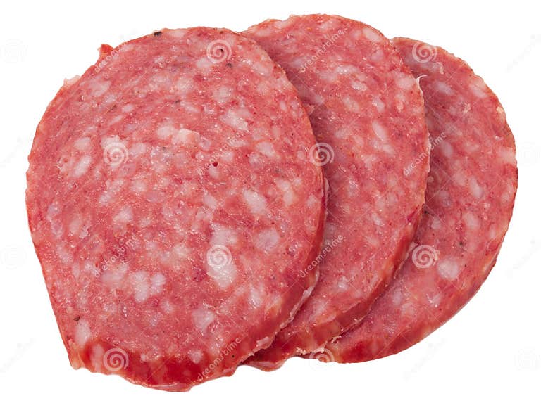 Three Slices Salamy on White Background Stock Image - Image of isolated ...