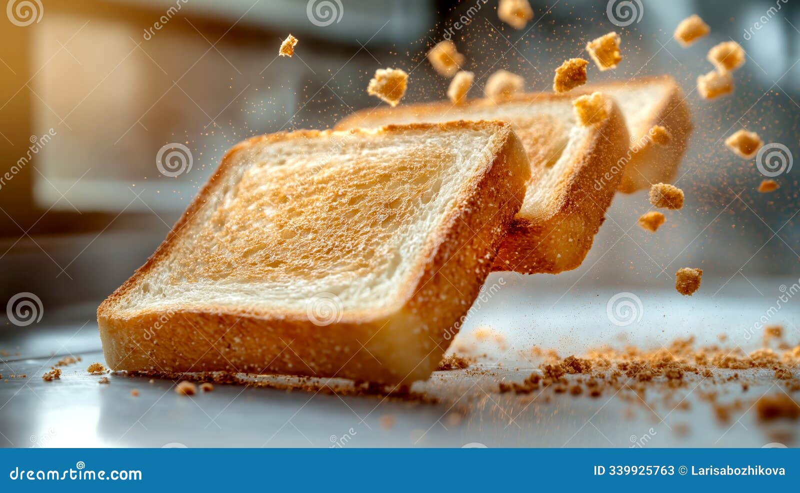 Three Slices of Toasted Bread Flying through the Air with Crumbs ...