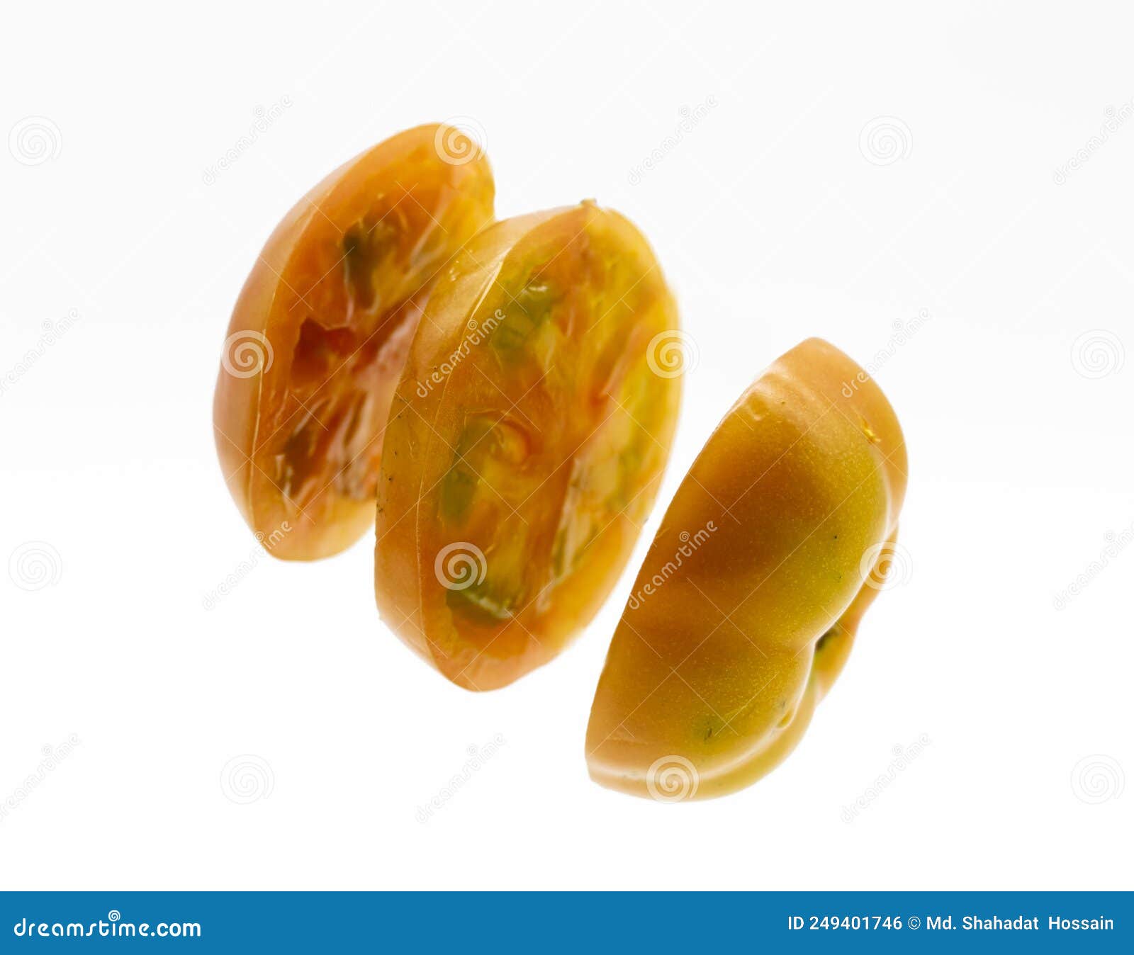 Three Slices of Tomatoes Flying Isolated on White Background Stock ...