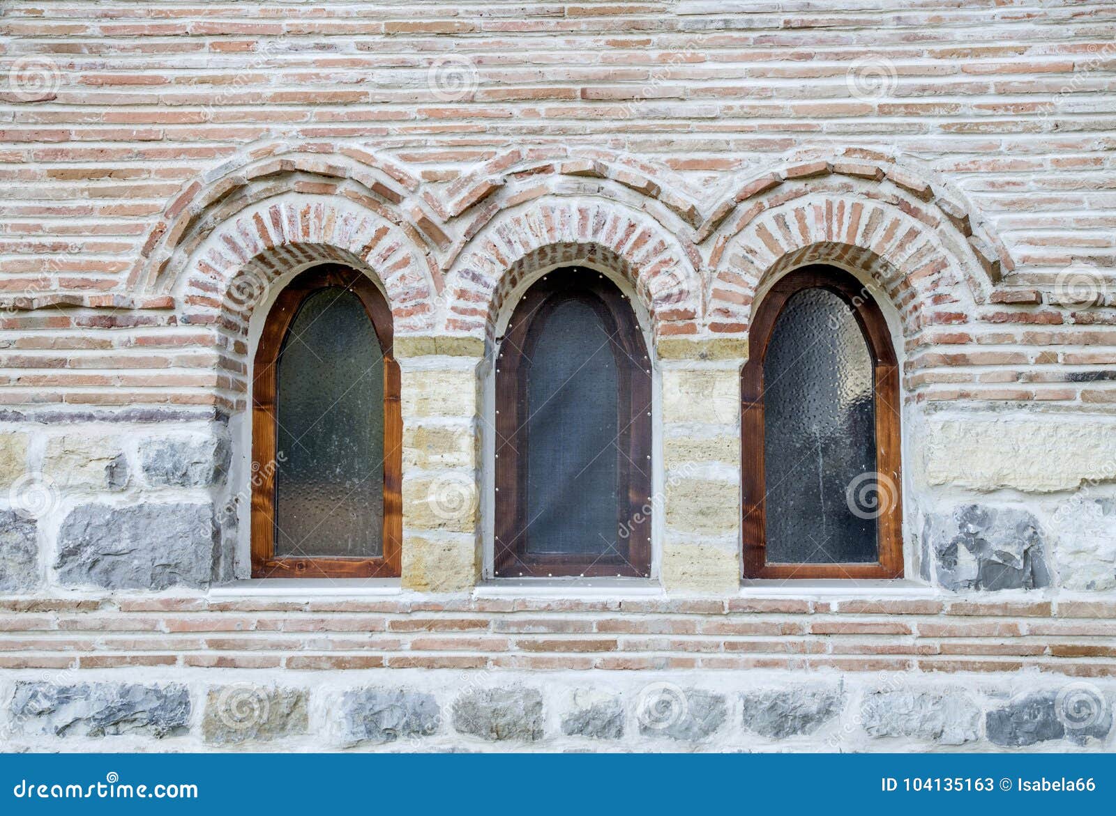 Three Small Arch Windows on a Brick Wall Stock Image - Image of outdoor ...