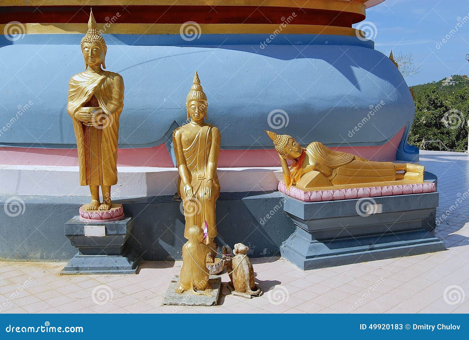 Three Small Buddha Statues at the Base of a Stupa, Samui, Thailand ...