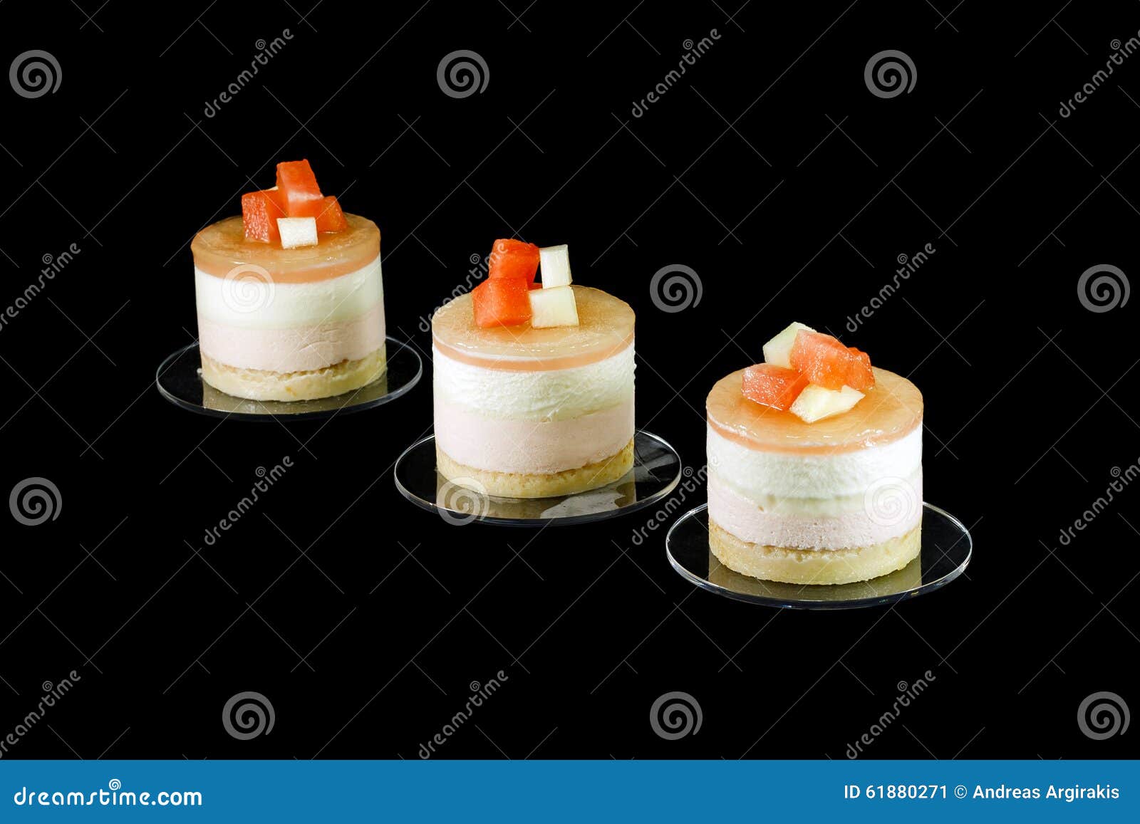 Three Small Cakes Decorated with Different Fruits Stock Image - Image ...