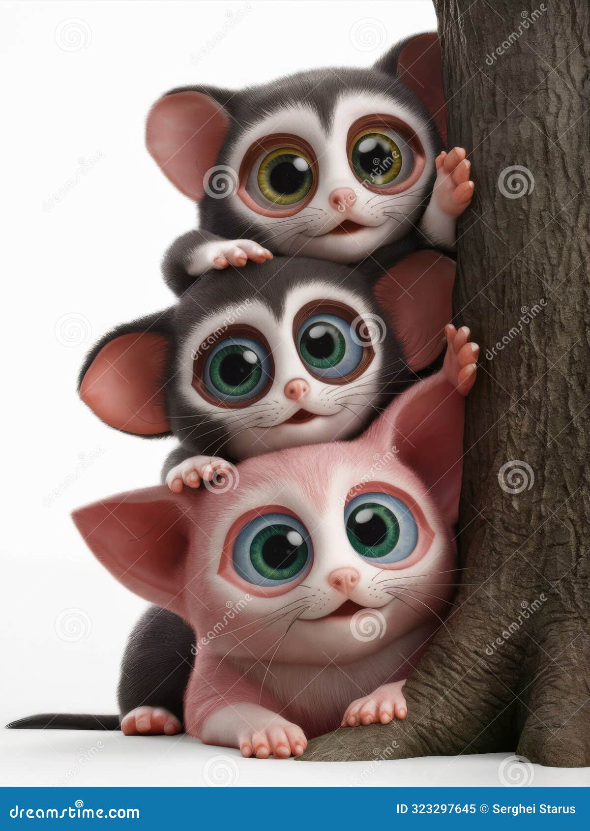 Three Small Mice are Standing Next To a Tree with Their Eyes Open, AI ...