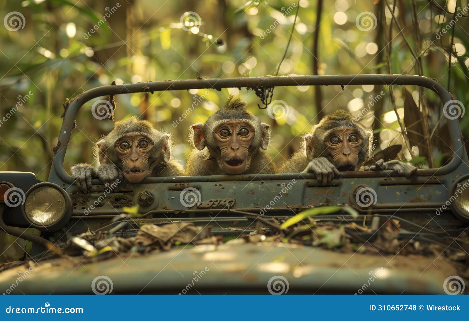 Three Small Monkeys in a Car Window Peering Intently at an Unseen ...