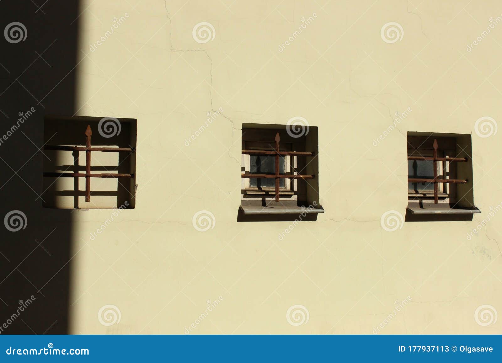 Three Small Windows Built in Plaster Wall. Symmetry in Building Facade ...
