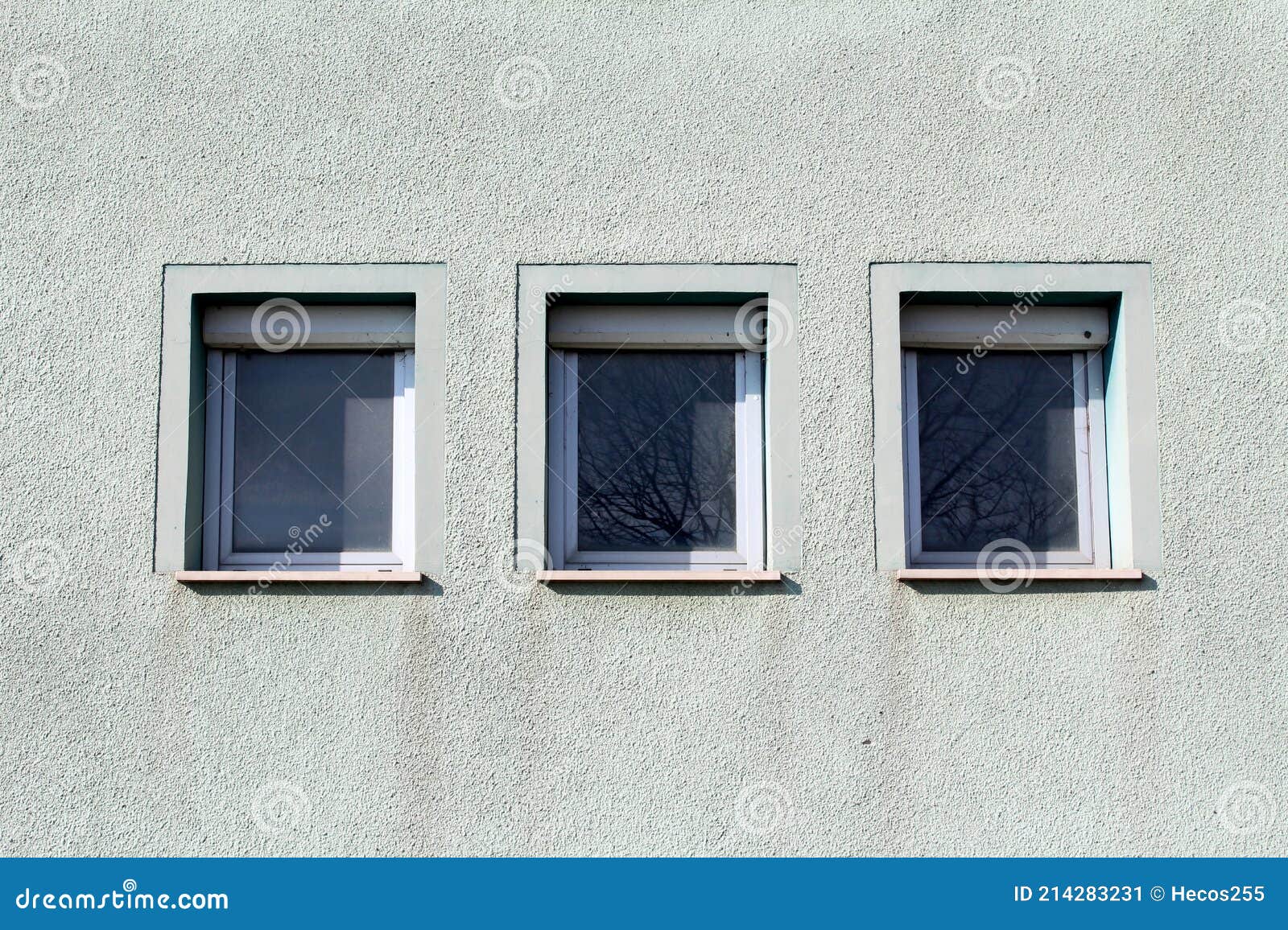 Three Small Windows in a Row with Tree Branches in Reflection and White ...