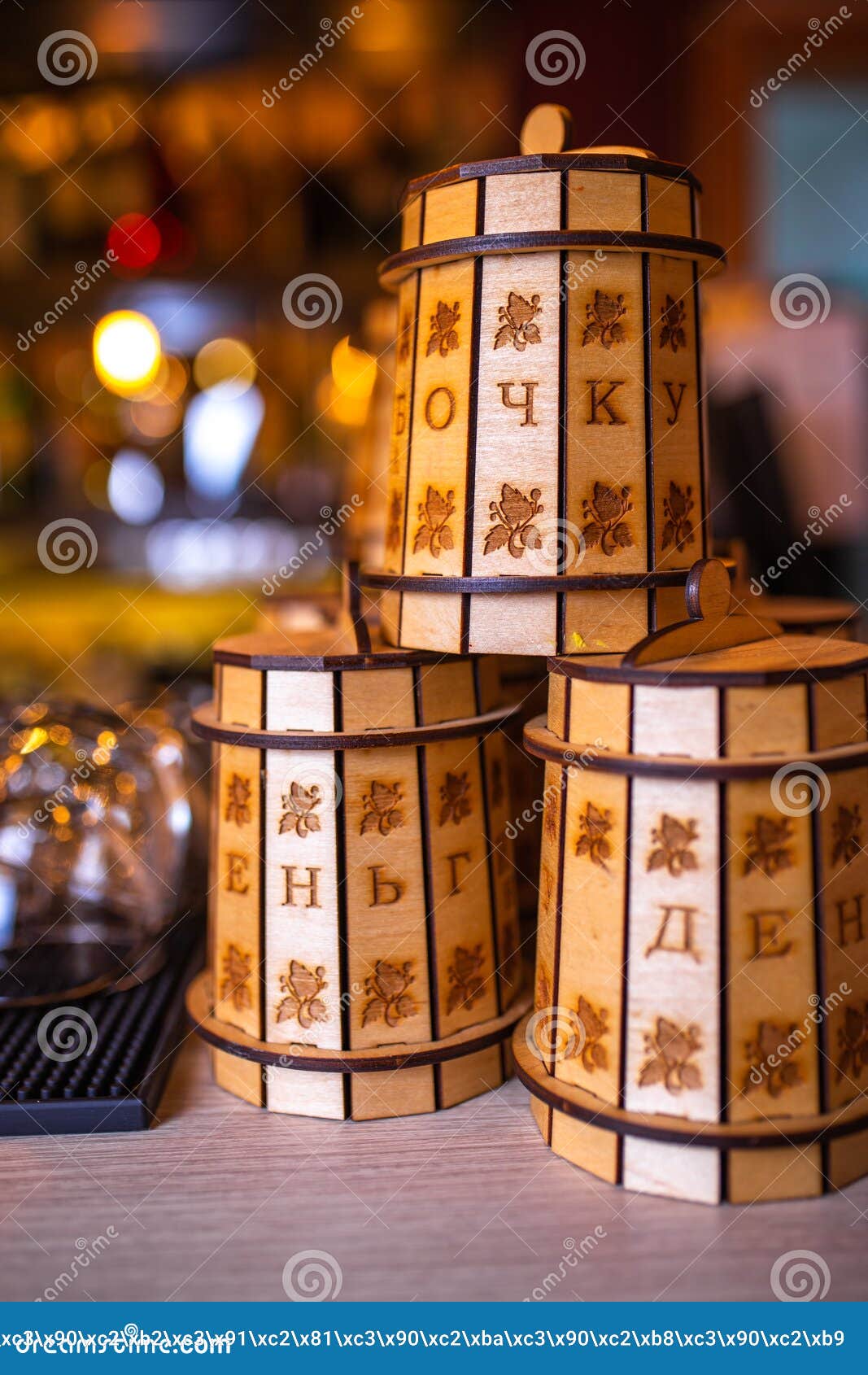 Three Small Wooden Decorative Barrels, Patterns on Wood Stock Image ...