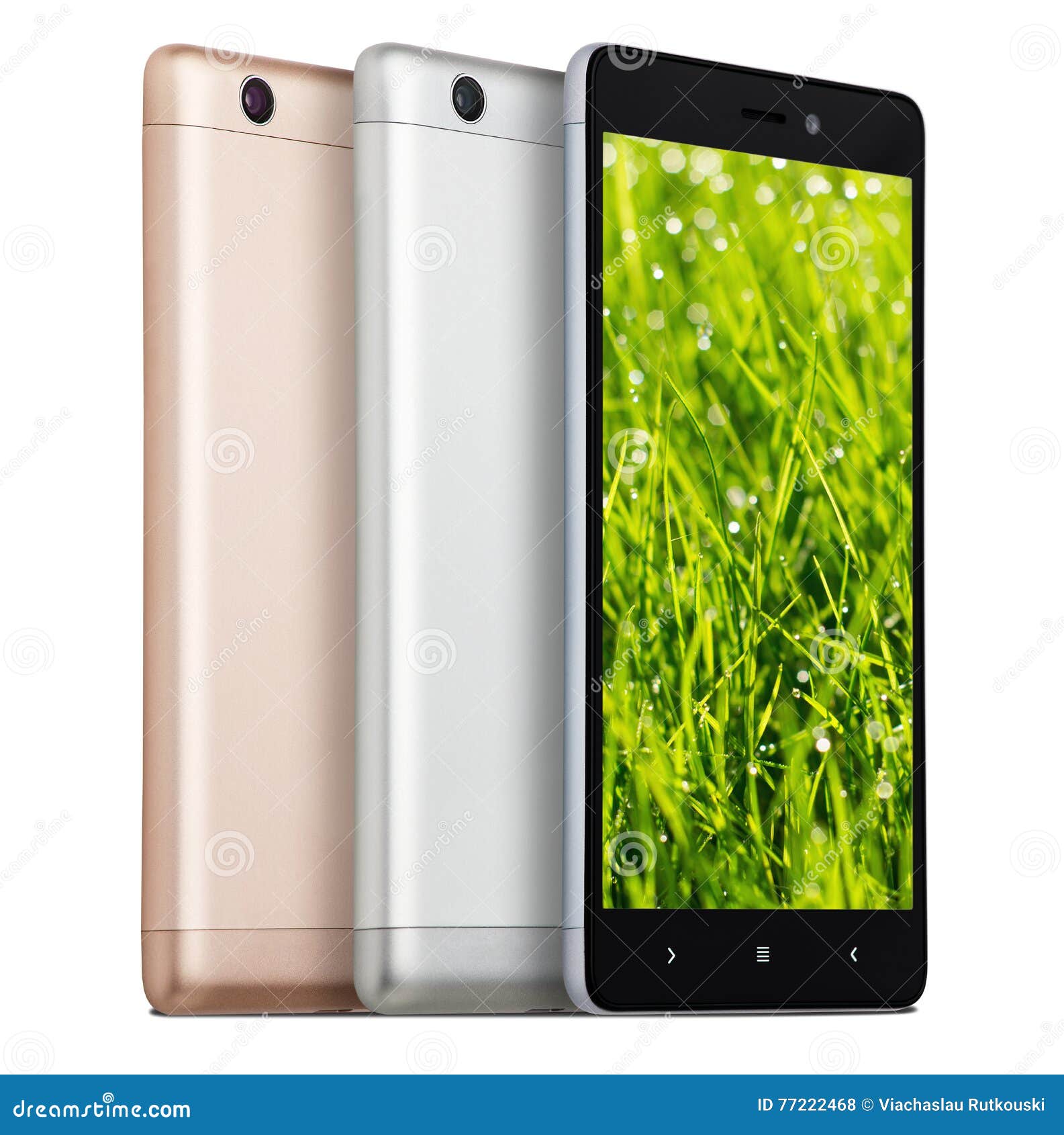 Three Smartphones Stand Upright Stock Photo - Image of screen, vertical ...