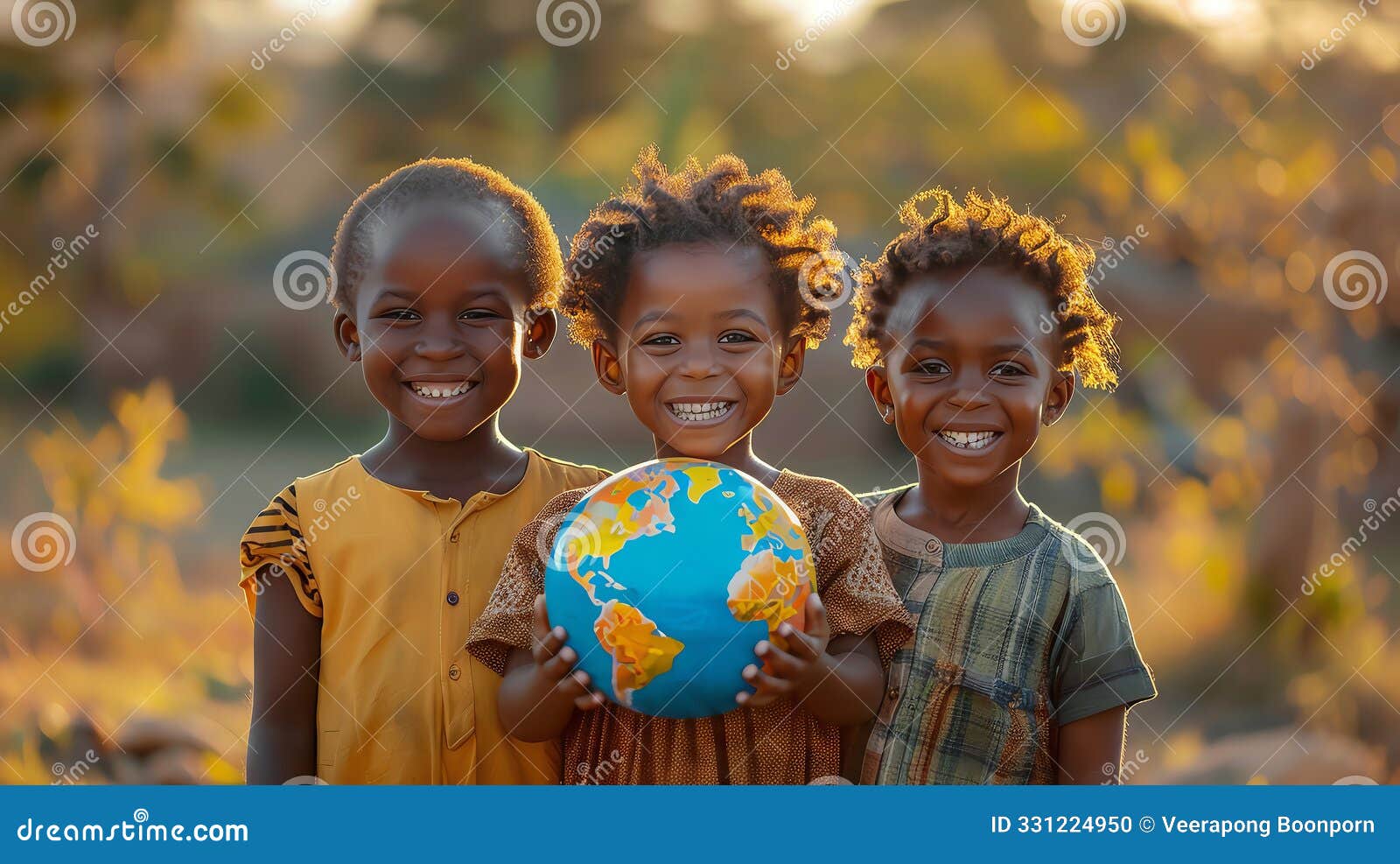 Three Smiling African Children Hold a Globe, Symbolizing Unity and a ...