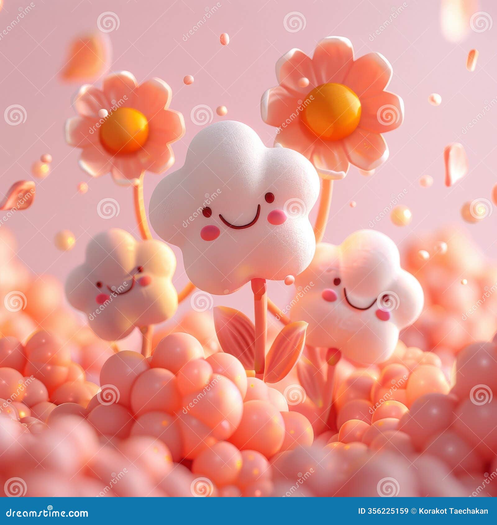 Three Smiling Flowers with a Blue and Pink Flower in the Middle Stock ...