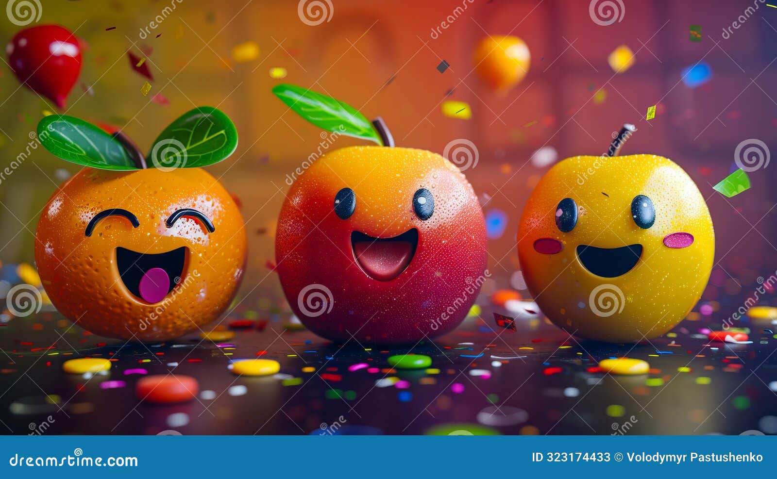 Three Smiling Fruits with Confetti and Balloons Stock Image - Image of ...