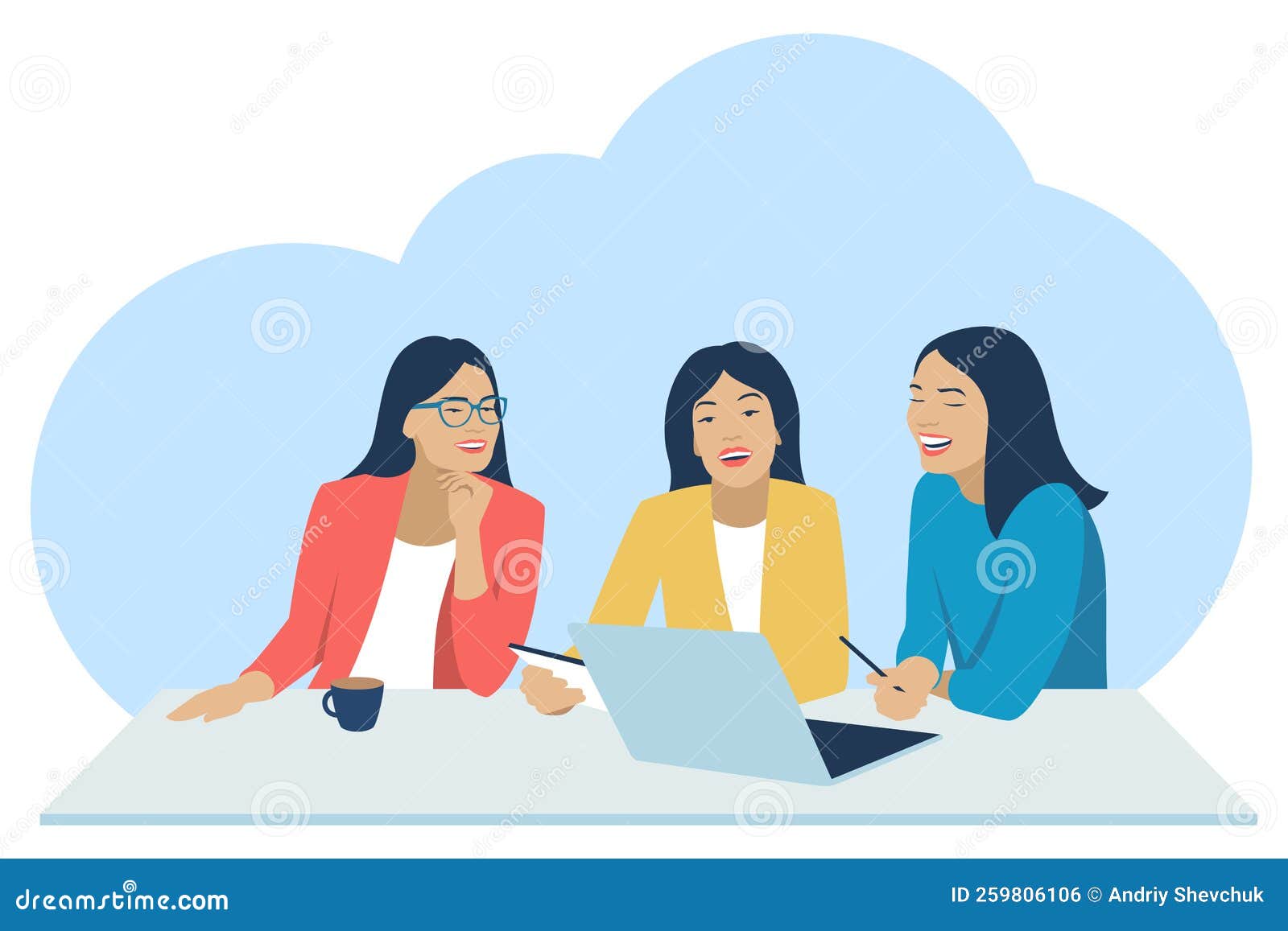 The Girlfriend`s Office Workers Sit At The Table And Jokingly Talk About Work Flat Design