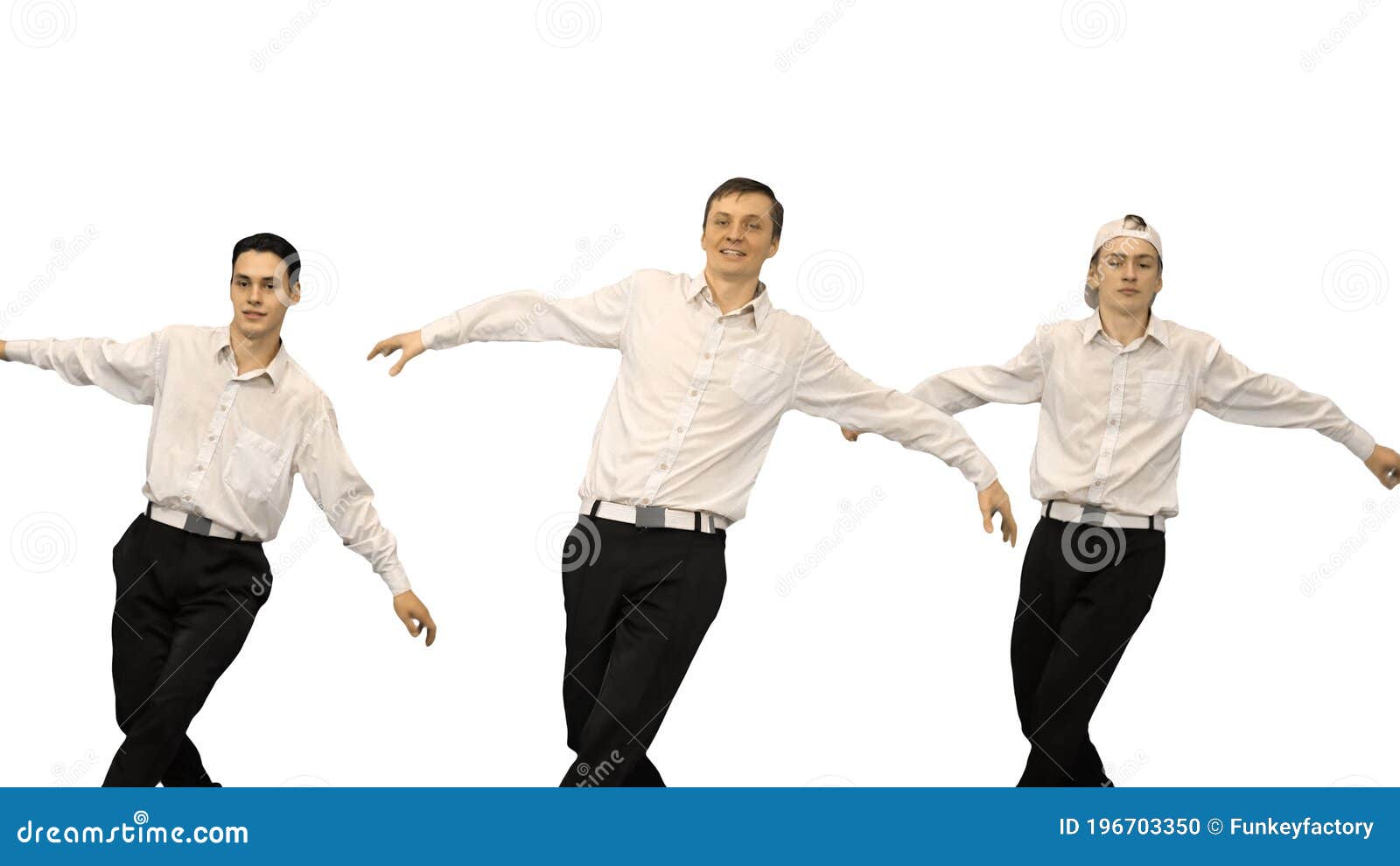Three Smiling Guys in White Shirts Doing Synch Dance Routine Loo Stock ...